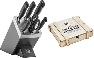 Zwilling Selbstschärfender Messerblock, 7 teilig, grau, Vier Sterne & 07150-359-0 Steak Besteckset in rustikaler Holzbox, Edelstahl, 12-teilig