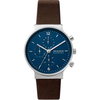 Skagen Ancher Lederuhr Blaues Zifferblatt - - Accessories - Herren - Grau - ONE SIZE