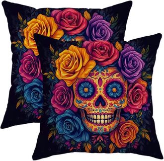 Generic Deko-Kissenbez&uuml;ge mit Totenkopf-Motiv, buntes Blumenmuster, f&uuml;r Festival, Tag der Toten, Heimdekoration f&uuml;r Sofa, Couch, Bett, 45,7 x 45,7 cm, 2 St&uuml;ck