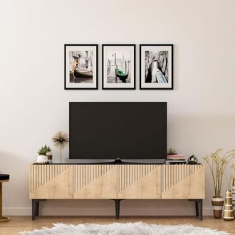 Hanah Home Modern TV Stand with Shelves, Sapphire Oak & Black Marble, 154 x 45 x 37 cm | 100% Melamine Coated Particle Board, 18 mm Thick | Stylish Storage for H