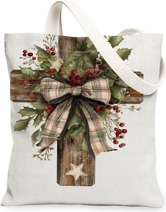 Generic Sacs fourre-tout en toile de No&euml;l vintage rustiques, sacs de courses r&eacute;utilisables, l&eacute;gers et lavables, blanc, 13x15 Inch