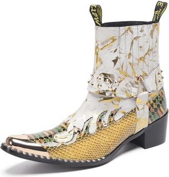 Generic Bottes de cowboy décontractées pour homme en cuir véritable avec pointe en métal - Bottes de moto Chelsea tendance, blanc, 41 1/3 EU