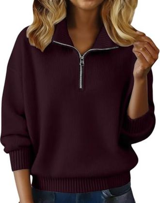 Generic Pull en casmere &agrave; fermeture &eacute;clair 1/4 pour femme - Col montant - Manches longues - Coupe ample - D&eacute;contract&eacute; - Hiver - Confortable, violet fonc&eacute;, 3XL