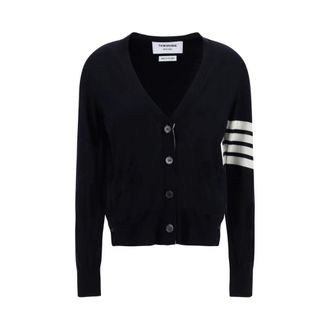 Thom Browne Femme, Pulls, Bleu, Taille: 36 FR Cardigan en laine m&eacute;rinos avec col en V