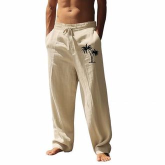 Generic Pantalon surdimensionn&eacute; en coton et lin pour homme, d&eacute;contract&eacute;, couleur unie, imprim&eacute; cocotier, pantalon de sport en coton et lin, coupe r&eacute;guli&egrave;re, k