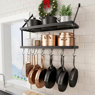 Kes Porte Casseroles Mural avec 12 Crochets 2 Niveaux Porte-Casseroles Noir Mat Étagère Cuisine Support de Pot Organisateur 75 CM, KUR218S75B-BK