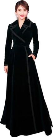 Generic Long manteau vintage &agrave; col crant&eacute; pour femme - Noir - Avec poche &eacute;paisse et chaude, manteau maxi noir, M