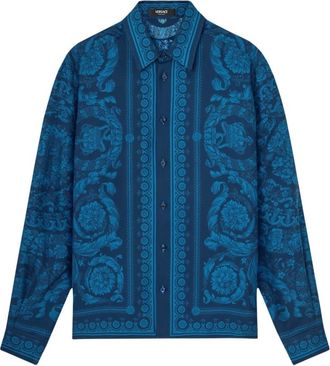 Versace Homme, Chemises, Bleu, Taille: XL Printed Silk Twill Slim Shirt