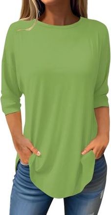 Generic T-shirt pour femme à col rond et manches trois-quarts tendance décontracté, Vert, XL