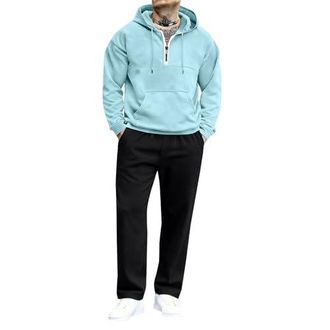 Generic Survêtement athlétique 2 pièces pour homme - Pull à capuche et pantalon de jogging en coton mélangé - Manches longues avec poches, bleu ciel, XXL