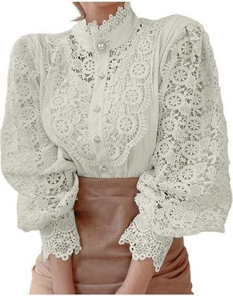 Generic Chemise Dentelle Femme Manche Longue, Tee Shirt Vintage Col Montant-Tunique Chic Et éLéGant Ajouré avec Boutonné Blouse Grande Taille Classique Haut C