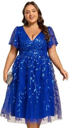 Ever-pretty Robe Femme de Soirée Mi-Longue Paillettes Col V Manches Courtes Cocktail Mariage Bleu Saphir 50