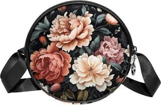 Generic Petit sac &agrave; bandouli&egrave;re circulaire pour femme, motif feuilles florales, sac &agrave; dos avec fermeture &eacute;clair, bretelles r&eacute;glables, sac &agrave; main rond d&eacute;contra