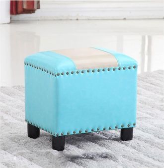 Generic Mit Leder Gepolsterter Fußhocker Aus Holz - Schreibtischhocker Mit Rahmen Aus Massivem Kiefernholz for Schminktisch, Klavier, Schlafzimmer, Büro(Blue)