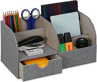 Relaxdays Schreibtisch Organizer, Schublade & 6 Fächer, Leinenoptik, HBT: 14,5 x 28 x 14,5 cm, Stiftehalter Büro, grau
