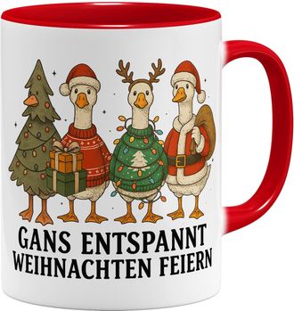 OM3 lustige Gans entspannt Weihnachten feiern Kaffee-Tasse mit Spruch - Weihnachtstasse Gänsen im Weihnachtsoutfit - Keramik Becher - 325ml - Beidseitig B