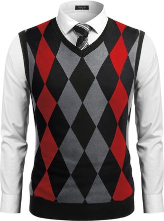 Coofandy Herren V-Ausschnitt Sleeveless Classic Business Gentleman Strickwaren Winter Pullover Strickjacken Tanktops A-Rot&schwarz M