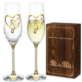 Nuptio 50 Mariage Anniversaire Cadeau: Lot de 2 Dor&eacute; Champagne Flute Coffret Bois Verre Cadeaux pour Couple P&egrave;re et Femme