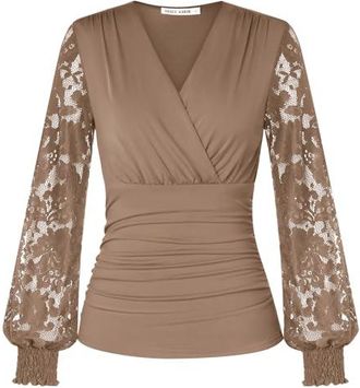 Grace Karin Femme &Eacute;l&eacute;gant Haut Dentelle Col V Crois&eacute; Sexy Blouse Portefeuille Pliss&eacute; Ajust&eacute; Festif