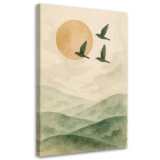 Feeby Wandbilder - Bilder Schlafzimmer - Japandi V&ouml;gel Berge Aquarell - 60x90 1tlg - Wohnzimmer Bild Gro&szlig; - Wohnungs - Foto Geschenk - Leinwand Wall Art - W