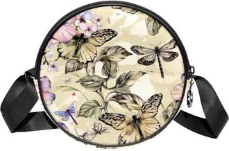 Generic Sac &agrave; bandouli&egrave;re rond pour femme, motif floral et papillon, petit sac &agrave; dos &agrave; bandouli&egrave;re avec fermeture &eacute;clair, bretelles r&eacute;glables, sac &agrave; main rond