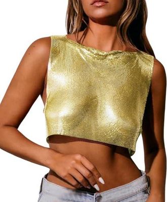 Generic D&eacute;bardeur &agrave; paillettes pour femme - D&eacute;contract&eacute; - Col bateau brillant - Sans manches - Pour sortir - Chemisier d&eacute;t&eacute; &agrave; paillettes scintillantes 2025 - 