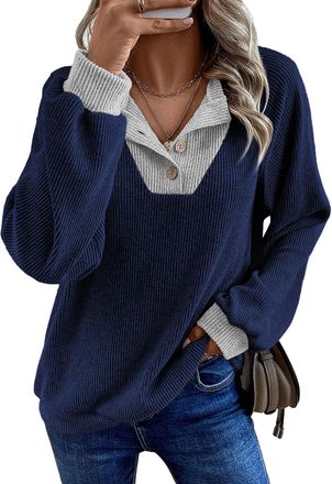 Dokotoo Damen Pullover V-Ausschnitt Knopfleiste Strickpullover Langarm Patchwork Henley Shirt Casual Geripptes Sweatshirt Herbst Winter Locker Oberteile Pulli