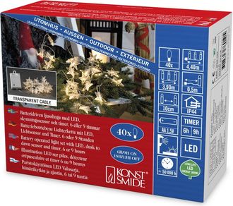 Konstsmide 3760-103 LED Dekolichterkette Acrylsterne / f&uuml;r Au&szlig;en (IP44) / Batteriebetrieben: 4xAA 1.5V (exkl.) / mit Lichtsensor, 6h und 9h Timer / 40 warm wei&szlig;e