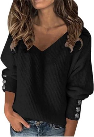 Generic Pull chaud en tricot ample pour femme - Col en V - Manches chauve-souris - Pour lautomne et lhiver - 2024, Noir, XXL