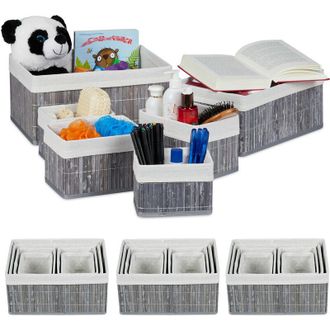 Relaxdays 24 x Aufbewahrungskorb Bambus, mit Stoffbezug, rechteckig, Regalkorb Bad, Accessoires, dekorativer Organizer, grau