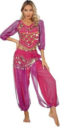 TiaoBug Femme D&eacute;guisement Indienne Princesse Robe de Danse du Ventre Paillette Haut Top de Danse Orientale et Harem Pantalon Costume Carnaval Halloween Rose V