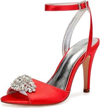 Generic Chaussures De Mariage Femme Talon Aiguille Mari&eacute;e Bride Haut Chaussure Bout Ouvert Mariage Chic Heel Sandales 10.5Cm,Rouge,38 EU