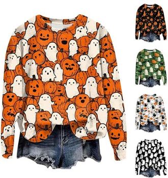 Generic Sweat-shirt dHalloween pour femme, motif fantôme, citrouille, grande taille, costumes dHalloween effrayants à manches longues, pull, vêtements de vaca