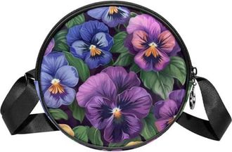 Generic Sac &agrave; bandouli&egrave;re rond pour femme, motif pens&eacute;es, fleurs, petit sac &agrave; bandouli&egrave;re avec fermeture &eacute;clair, bretelles r&eacute;glables, sac &agrave; main rond d&eacute;contra