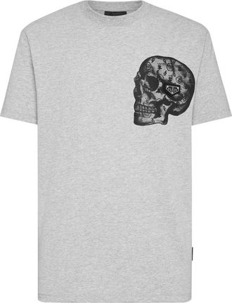 Philipp Plein Homme, Tops, Gris, Taille: 2XL T-shirt Col Rond SS Imprim&eacute; T&ecirc;te de mort