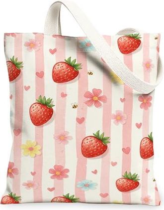 Generic Sacs fourre-tout en toile &agrave; motif floral de fraise, sacs d&eacute;picerie r&eacute;utilisables, sacs d&eacute;picerie r&eacute;utilisables, l&eacute;gers et lavables, bandouli&egrave;re Ca, p&ecirc;