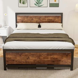 HOMCOM Cadre de lit Double en Acier avec sommier et t&ecirc;te de lit Compatible Matelas 190 x 140 cm Brun Rustique