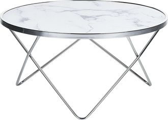 Beliani Beistelltisch Glas Marmor-Optik weiß Metallgestell Silber rund 80 cm Meridian II