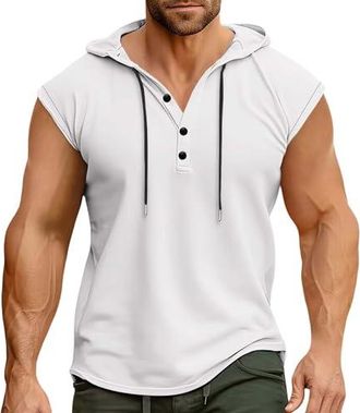 Generic Sweat à Capuche sans Manches pour Homme - Débardeur dété - Coupe ajustée - T-Shirt léger et Solide(Z12-white Shirt Hoodie MenXL)