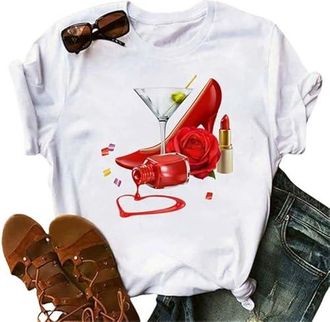 Keephen Verre &agrave; Vin T-Shirt pour Femmes Nouveaut&eacute; Verre &agrave; Vin Impression 3D T-Shirts &Eacute;t&eacute; Col Rond Manches Courtes Chemises &Eacute;t&eacute; Tee Casual Tops