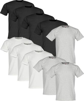 Fruit Of The Loom Heavy Cotton Tee Shirt 10er-Pack Herren, 4X Schwarz + 3X Weiß + 3X Heather Grey, XXL