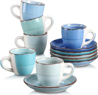 VANCASSO Espressotassen Steingut, Bonita 12-teiliges Espresso-Set, Stapelbare Kaffeetassen mit Untertasse 80ml, 6 Personen