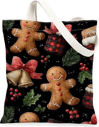 Generic Sacs fourre-tout en toile de pain d&eacute;pices, motif biscuits de vacances, sacs d&eacute;picerie, sacs d&eacute;picerie r&eacute;utilisables, vintage de No&euml;l, l&eacute;gers et lavabl