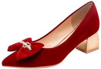 Generic Chaussures de Mariage pour Femmes, Escarpins &agrave; Bout ferm&eacute; avec noeud et Perles, Talons &eacute;pais, Sandales Satin, Chaussures mari&eacute;e Talons de 5 cm,Rouge,3