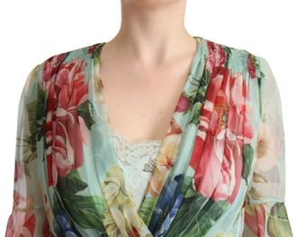 Dolce & Gabbana Womens Green Floral Long Sleeves V-Neck Midi Dress Silk