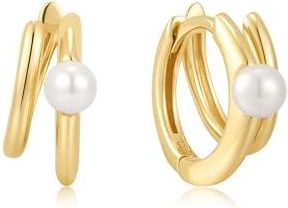Ania Haie Boucles doreilles cr&eacute;oles Chic Creator Parallel Duo Freshwater Pearl Huggies en argent sterling 925 plaqu&eacute; or 14 carats, orn&eacute;es de 2 perles deau douce