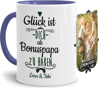 Tassendruck Tasse mit Spruch - Glück ist, Dich als Bonuspapa zu haben - Personalisierbare Keramiktasse mit Namen und Foto - Geschenkidee für den Bonuspapa - Innen