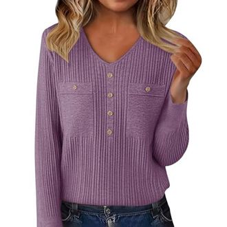 Generic Pull pour femme - Col en V - Fente sur le devant - Bouton - Coupe ajust&eacute;e - Haut en tricot &agrave; manches longues - Doux et confortable - &Eacute;l&eacute;gant chemisier