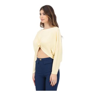 Elisabetta Franchi Femme, Blouses et Chemises, Beige, Taille: 44 FR Top Jaune en Cr&ecirc;pe Jersey &agrave; Manches Longues