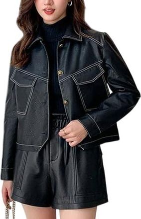 Generic Blouson bomber court en similicuir pour femme 2026 avec poches et fermeture &eacute;clair, Noir, XXL